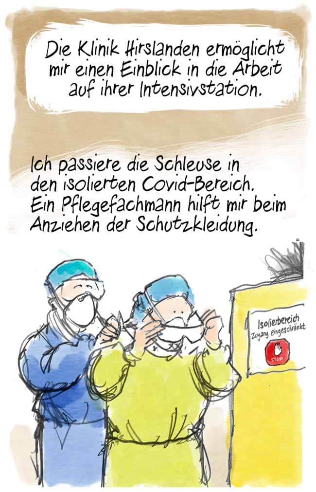 Ein Karikaturist zeichnet aus der Intensivstation